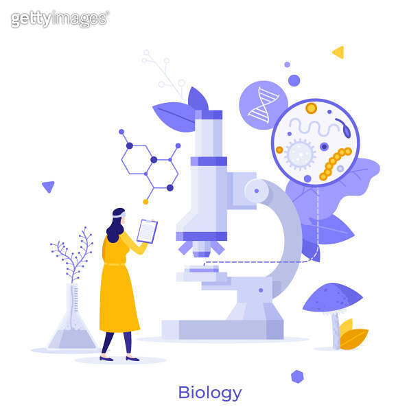 Scientist or biologist looking at microscope surrounded by molecular ...