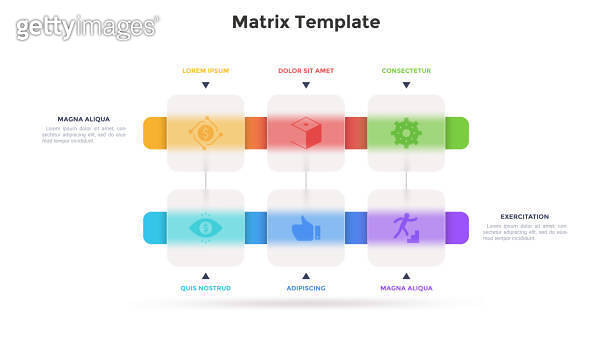 Matrix chart with 6 square glass cells arranged in horizontal rows ...