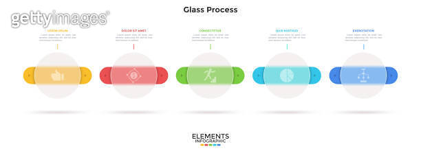 Process chart with 5 rounded elements behind translucent circles placed ...