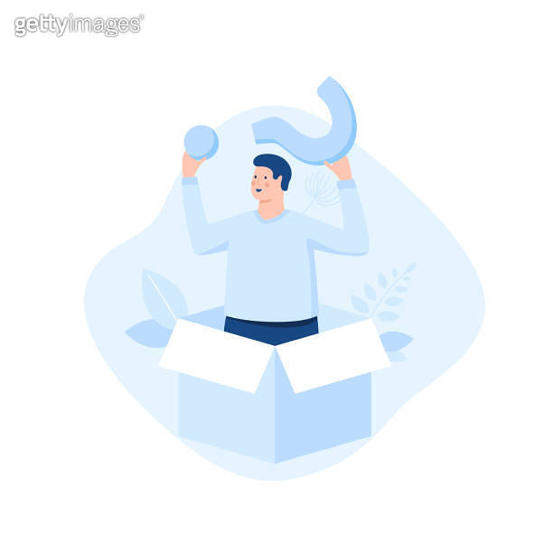 Person holding interrogation point appearing out of box. Concept of ...