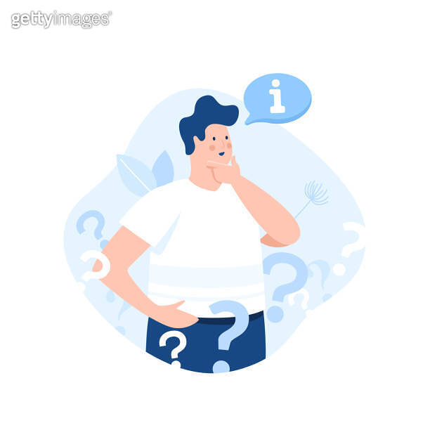 Thoughtful person surrounded by interrogation points and speech bubble ...