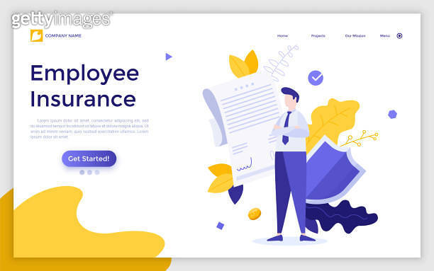Landing page template with clerk, signed document and shield. Concept ...