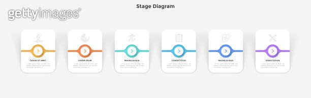 Progress bar with six paper white rectangular elements with pointers ...