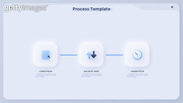 Progress bar with three paper white square elements arranged in ...