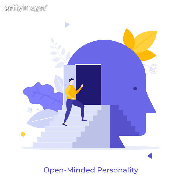 Person ascending stairs and entering door to giant head. Concept of ...