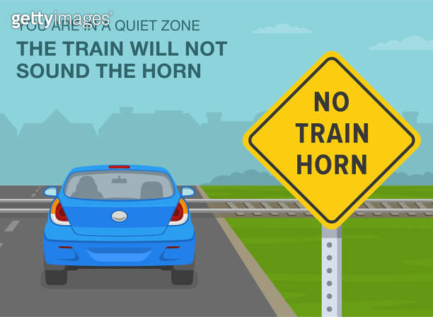 Safe driving tips and traffic regulation rules. "No train horn" sign meaning. Back view of a car ...