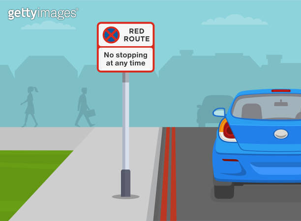 Safe driving tips and traffic regulation rules. "Red route, no stopping ...