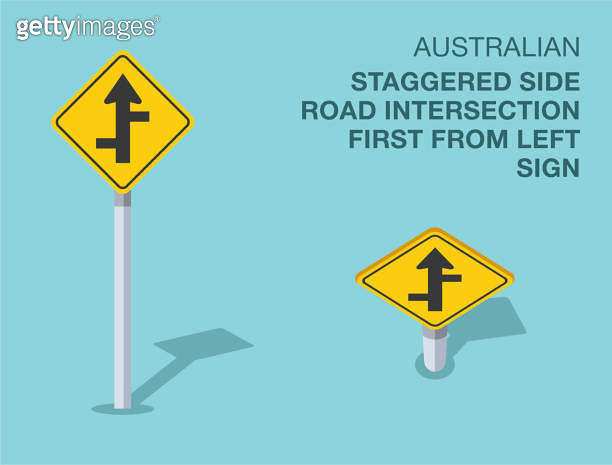 Traffic regulation rules. Isolated Australian "staggered side road ...