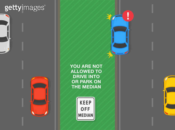 Safe driving tips and traffic regulation rules. Keep of median sign ...