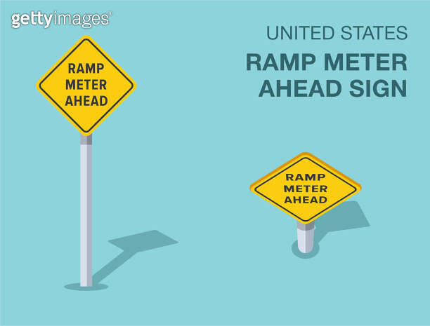 Traffic regulation rules. Isolated United States ramp meter ahead road ...