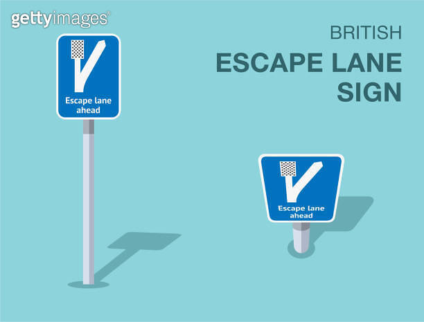 Traffic regulation rules. Isolated British escape lane sign. Front and ...