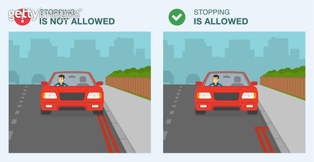 Safe driving tips and traffic regulation rules. Front view of a car ...