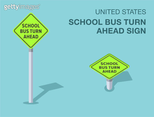 Traffic regulation rules. Isolated United States school bus turn ahead ...