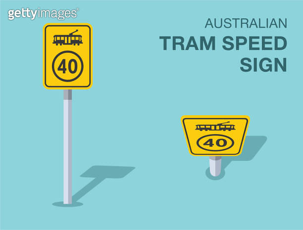 Traffic regulation rules. Isolated Australian "tram speed" road sign ...