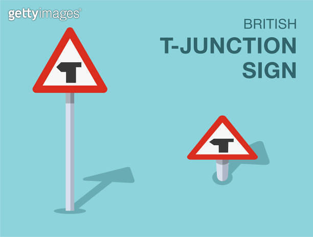 Traffic regulation rules. Isolated British "T-junction" road sign ...