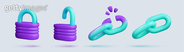 Padlock, open lock, chain and weakness chain link 3d vector icon set on ...