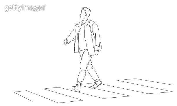 Man crossing street with zebra pedestrian crosswalk. Continuous line ...