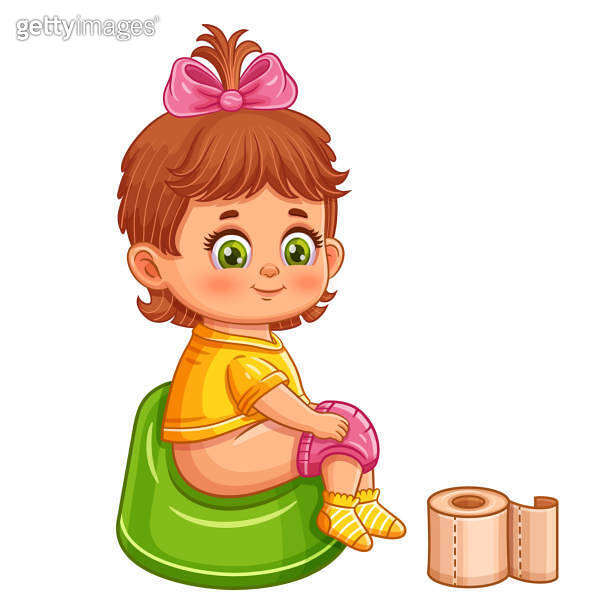 Cute baby child girl sitting on potty seat with toilet paper. Toddler ...