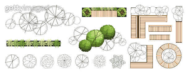 Top view elements for the landscape design plan. Trees and benches for ...
