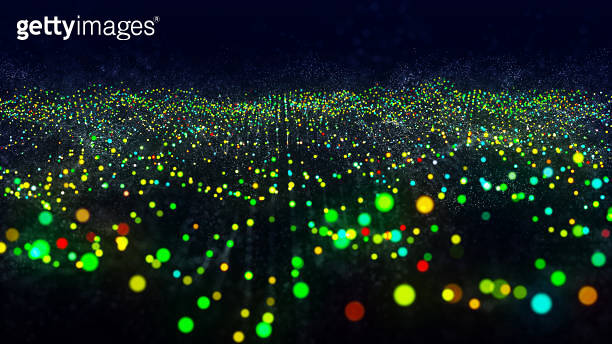 Dynamic wave of colored glowing particles. Digital technology background. Abstract digital ...
