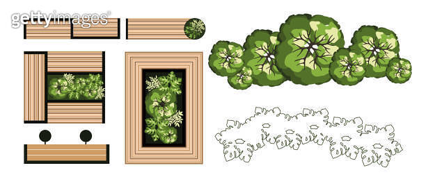 Top view elements for the landscape design plan. Trees and benches for ...