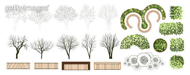 Tree silhouettes for the landscape design. Trees and benches for ...