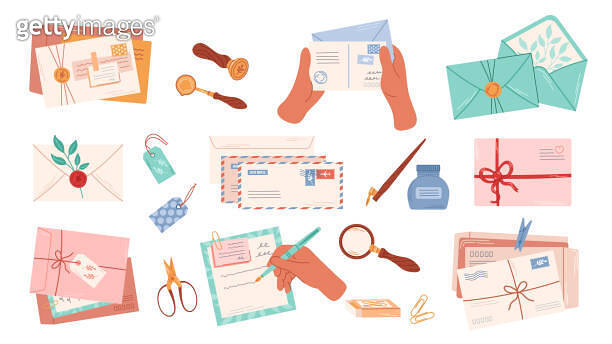 Set of various envelopes, letters, stamps and postal stationery. Vector ...