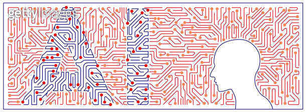 Human head with circuit board of artificial intelligence in a rectangle ...