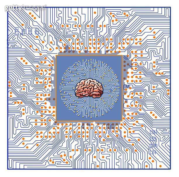 Human brain with circuit board of artificial intelligence in a square ...