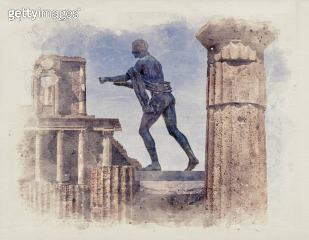 Pompeii Temple of Apollo with bronze Apollo statue and ruins watercolor ...