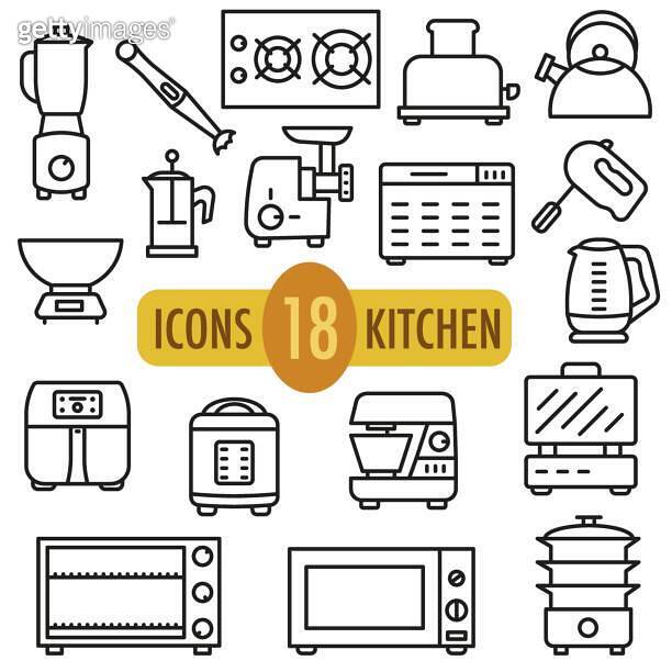 A simple set of kitchen appliances. Kitchen appliances. Thin line ...