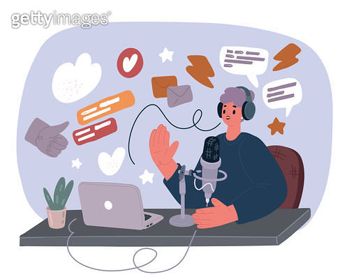 Vector illustration of female blogger, streamer, podcaster. Woman with ...
