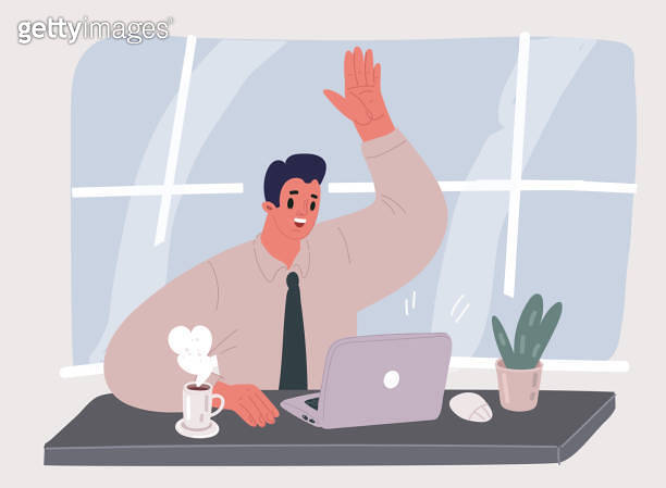 Vector illustration of Young man waving hand with laptop greeting or ...