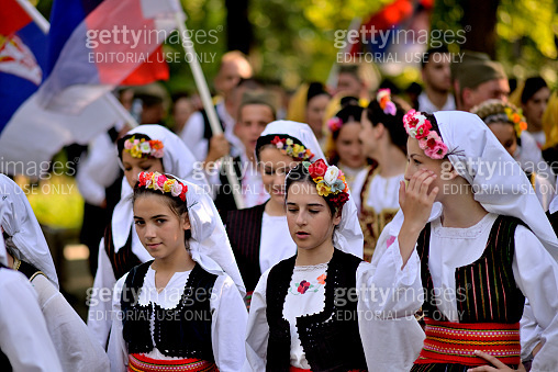 Young people wearing folklore costumes during the All-Serb Assembly ...