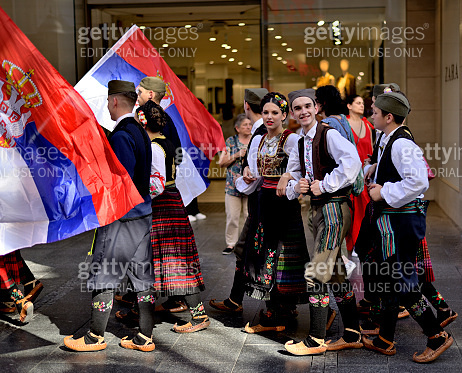 Young people wearing folklore costumes during the All-Serb Assembly ...