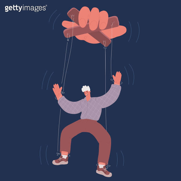 Cartoon vector illustration of controlling man. Hand hold pupped man ...