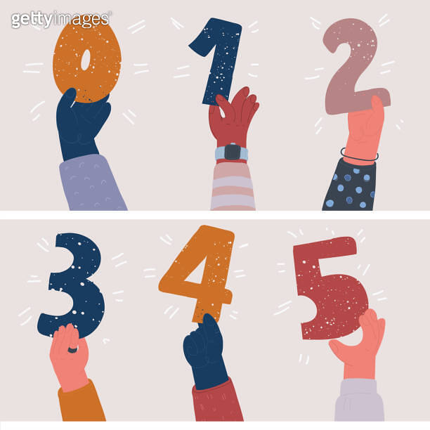 Vector illustration of Numbers in hands. Numeric scorecard for judge ...