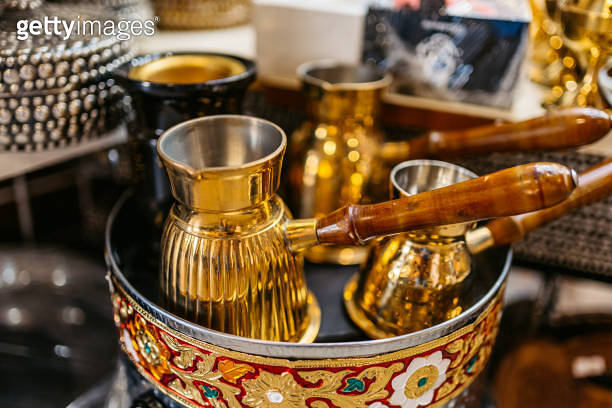 Traditional Coffee Pot Souvenirs On A Tray For Sale At Al-Mubarakiya ...