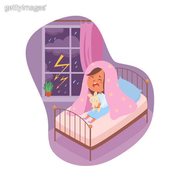 Kids fears vector illustration. Scared crying girl afraid of ...