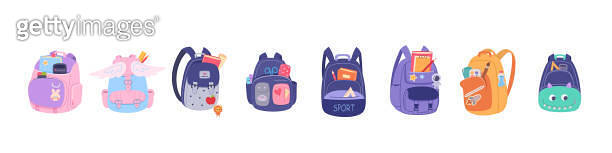 Children school backpacks vector illustration set. Different kids back ...