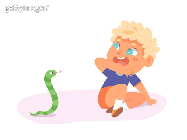Kids fears vector illustration. Scared crying boy afraid of snake ...