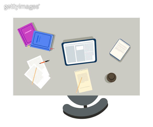 Top view of workspace with tablet, notes, coffee. View above of desktop ...