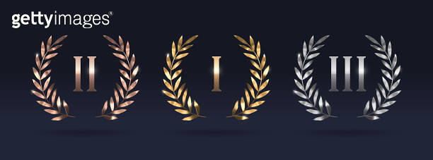 Set of rank emblems - golden, silver and bronze laurel wreath. First ...