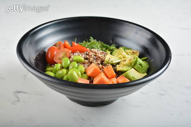 western trio quinoa grain salad bowl with avocado, tomato, pea bean ...