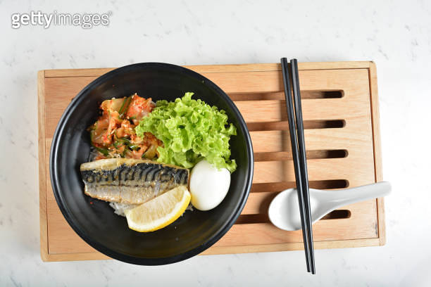 Japanese bbq grill korean saba fish seafood with lemon, boiled egg ...