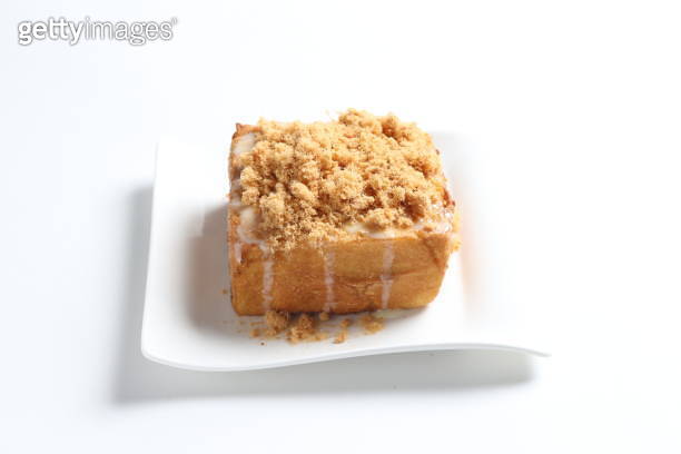 tall French square toast with chicken floss and butter milk salad sauce ...