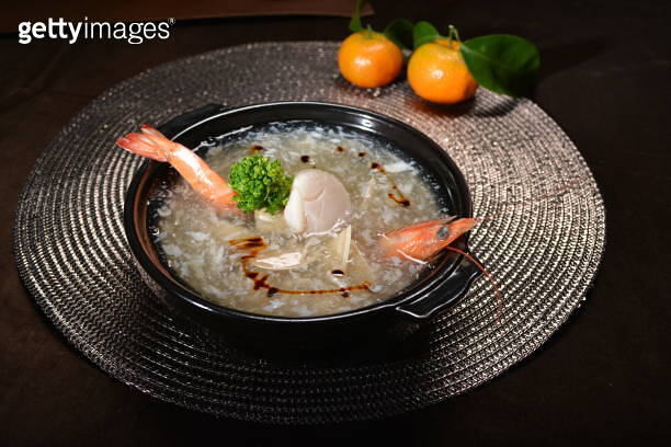 big tiger prawn poached with hot herbal chinese boiled thick shark fin ...