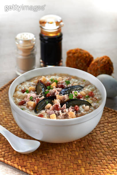 traditional chinese healthy braised porridge peanut congee rice seafood ...