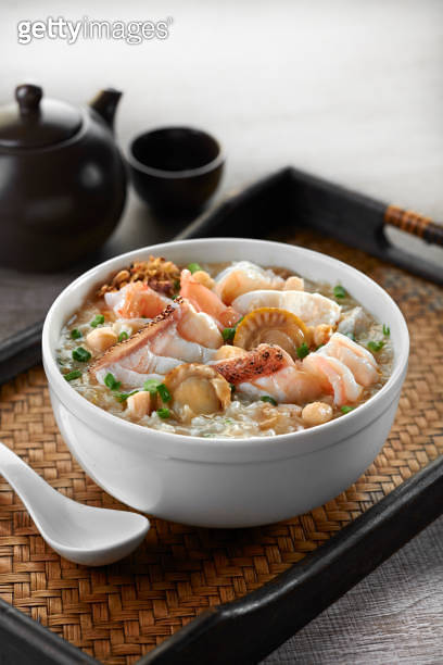 traditional chinese healthy braised porridge peanut congee rice seafood ...