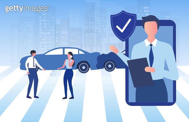 Car accident insurance concept. Two cars crashed and drivers calling to ...